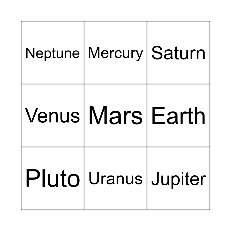 Virtual Solar System Bingo Card