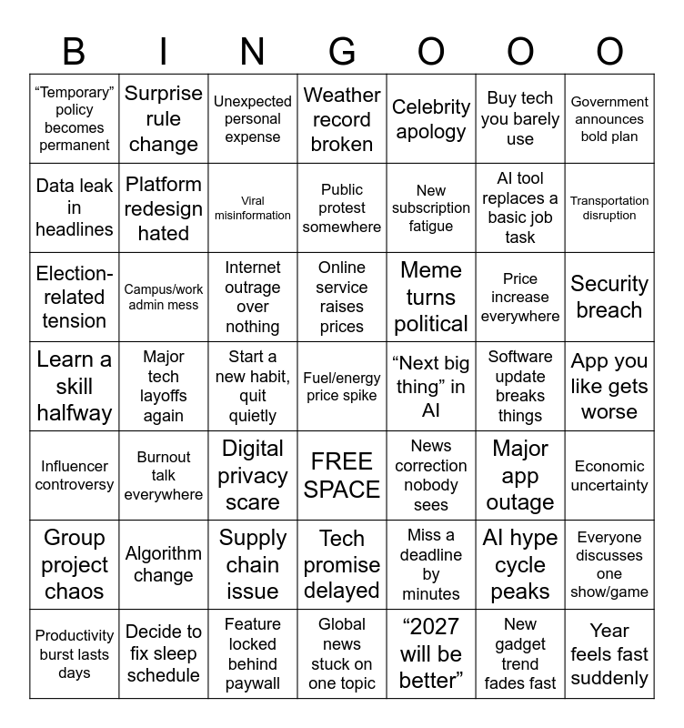 2026 Bingo Card Bingo Card