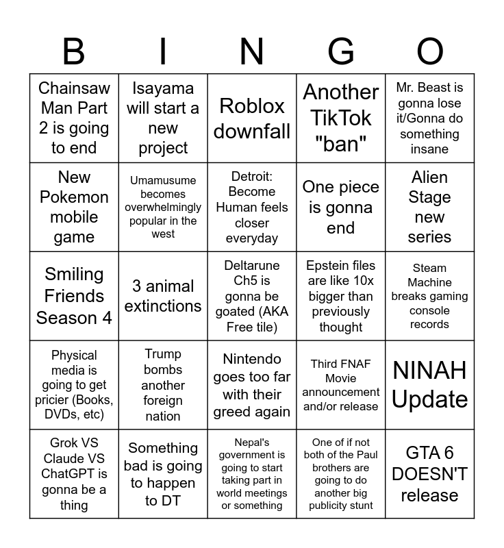 2026 Bingo Card Bingo Card