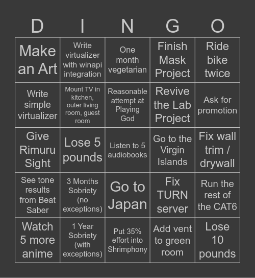 Dingo 2026 Bingo Card