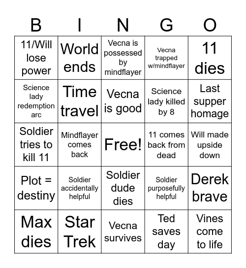 Stranger things Bingo Card
