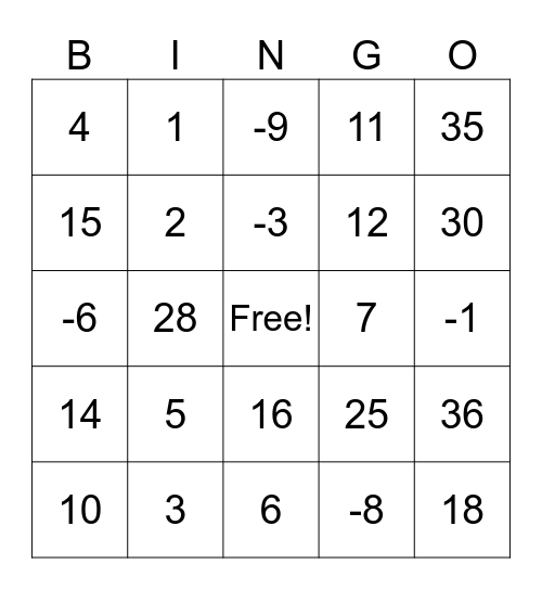 Math Bingo Card