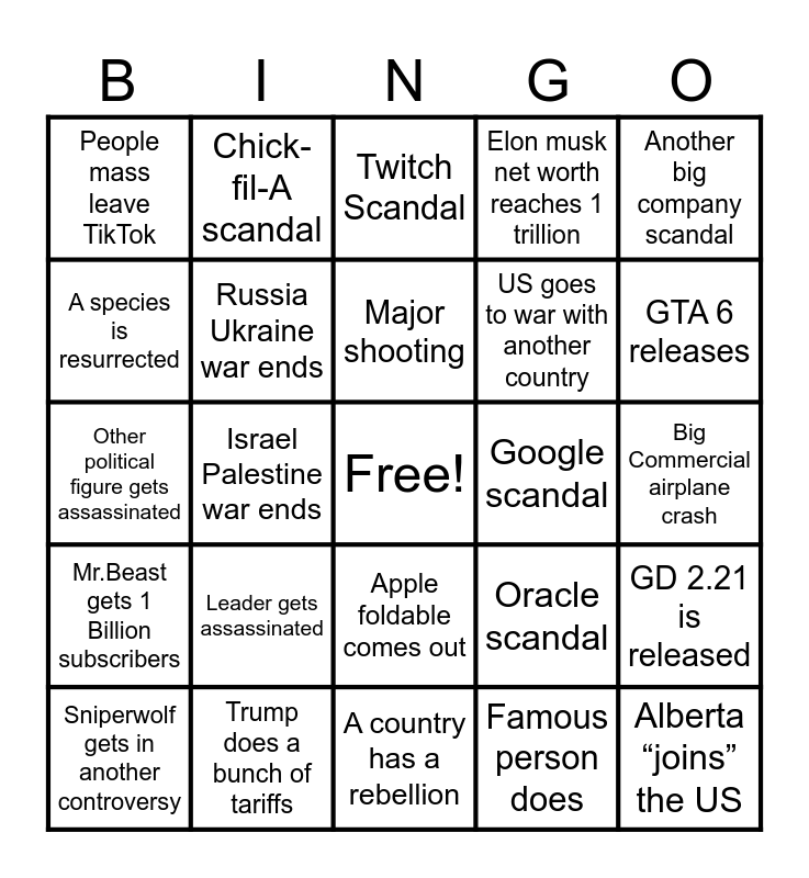 2026 Bingo Card Bingo Card