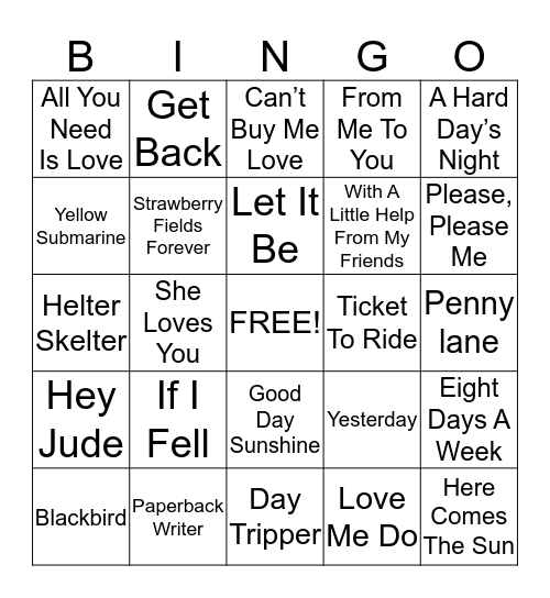 The Beatles Bingo Card
