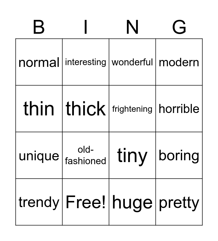 Adjectives 1 Bingo Card