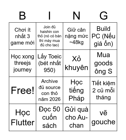 New Year's Resolution BINGO Card