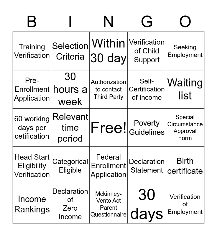 ERSEA Bingo Card