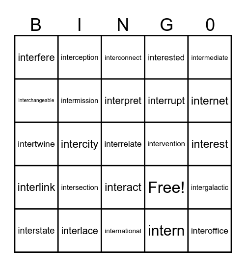 Prefix inter- Words Bingo Card