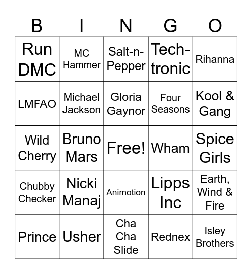 Dance Hits Bingo Card