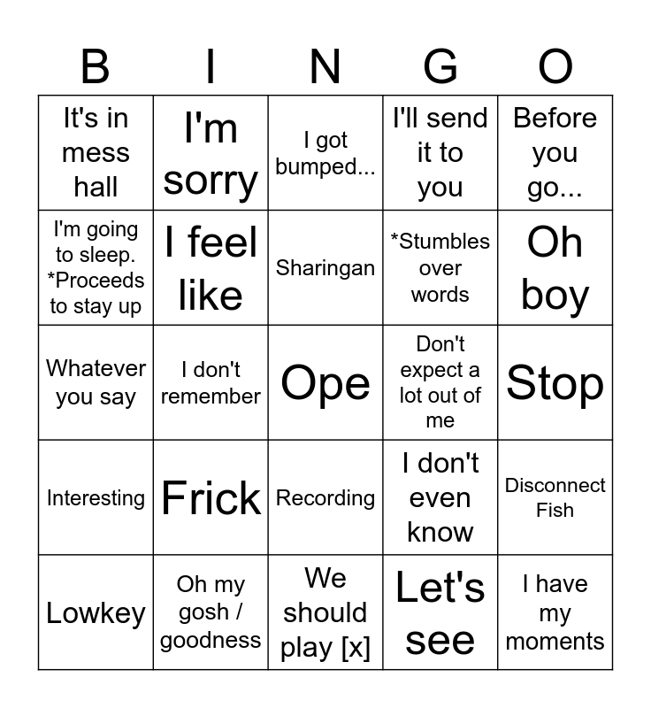 Nick's BINGO Card Bingo Card