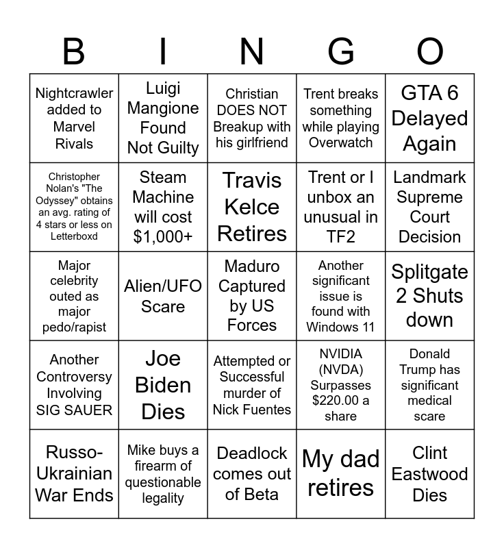 2026 Bingo Card Bingo Card