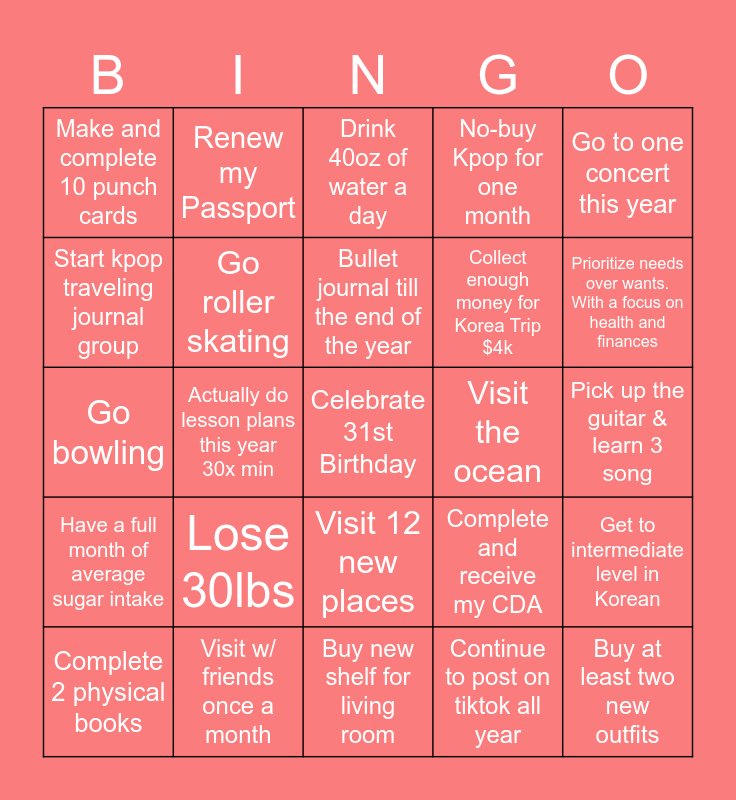 Racheal's 2026 BINGO card Bingo Card
