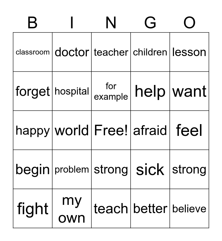 New Words Bingo Card