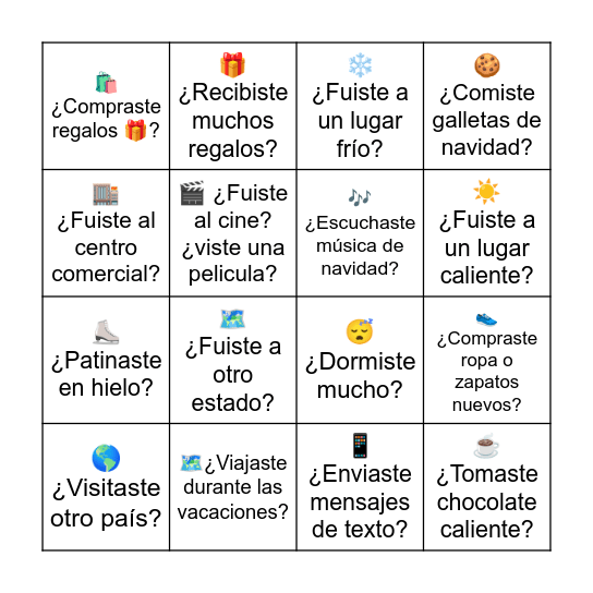 Después de las vacaciones (pasado simple) Bingo Card