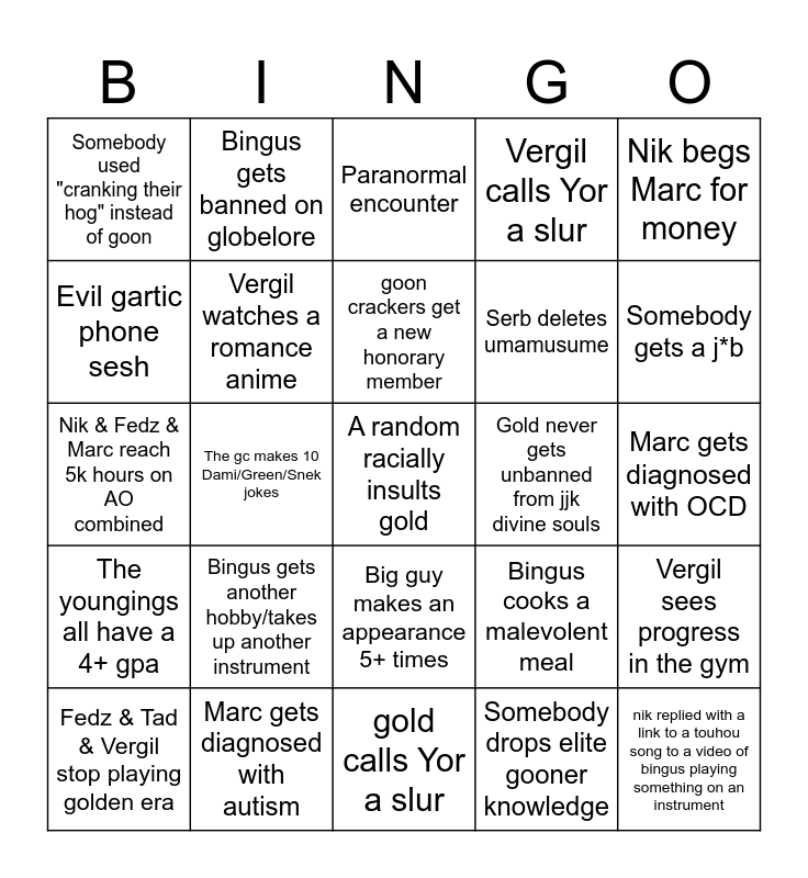 Goon Crackers 2026 Bingo Card Bingo Card