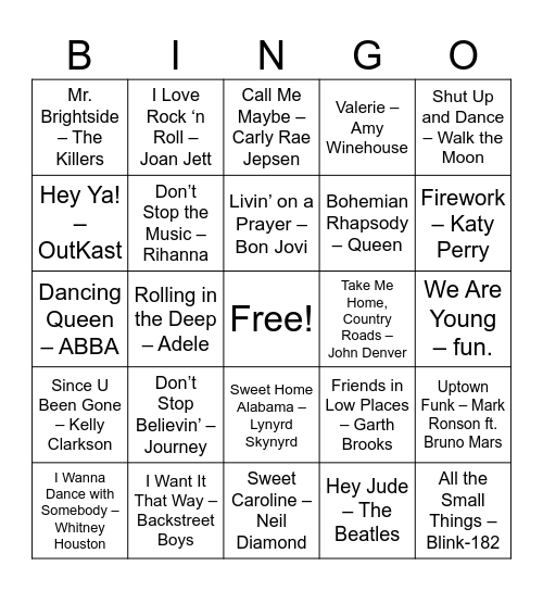 Sing-It-Loud Anthems Bingo Card