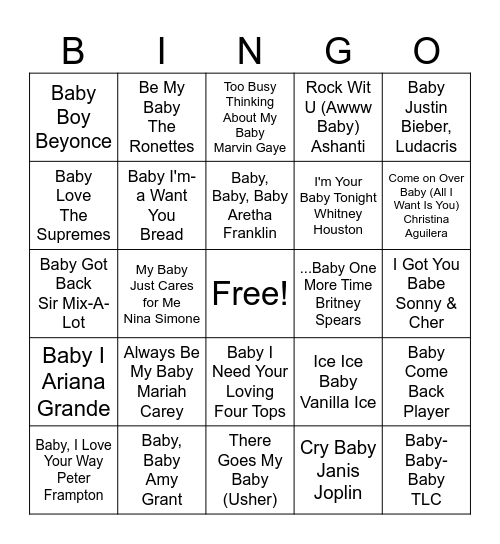 Baby Shower Music Bingo Card