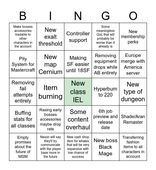 Imagine Update Bingo Card