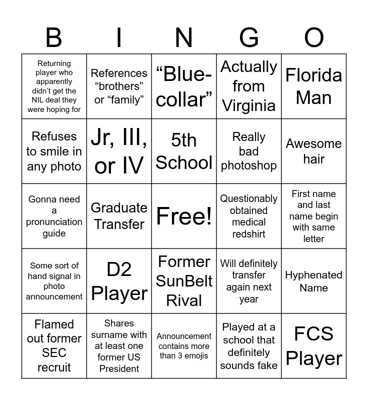 JMU Transfer Portal Bingo Card