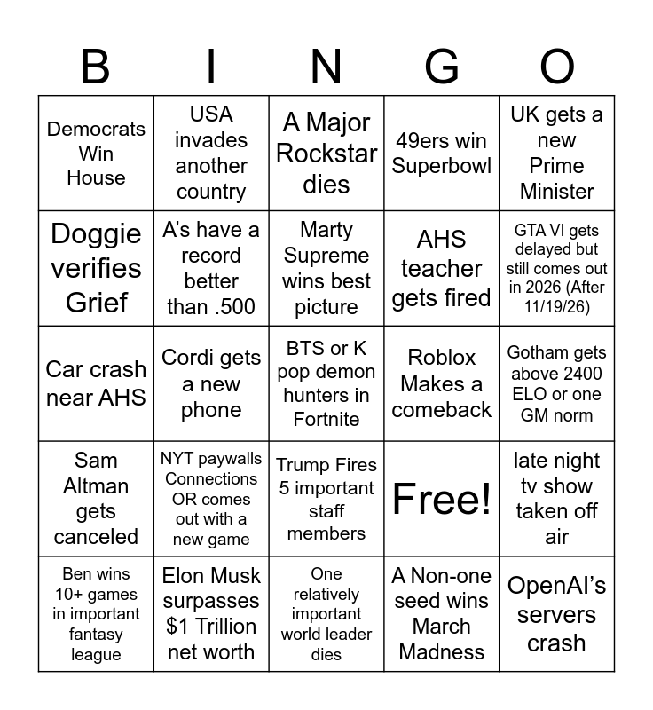 AHS 2026 Bingo Card Bingo Card