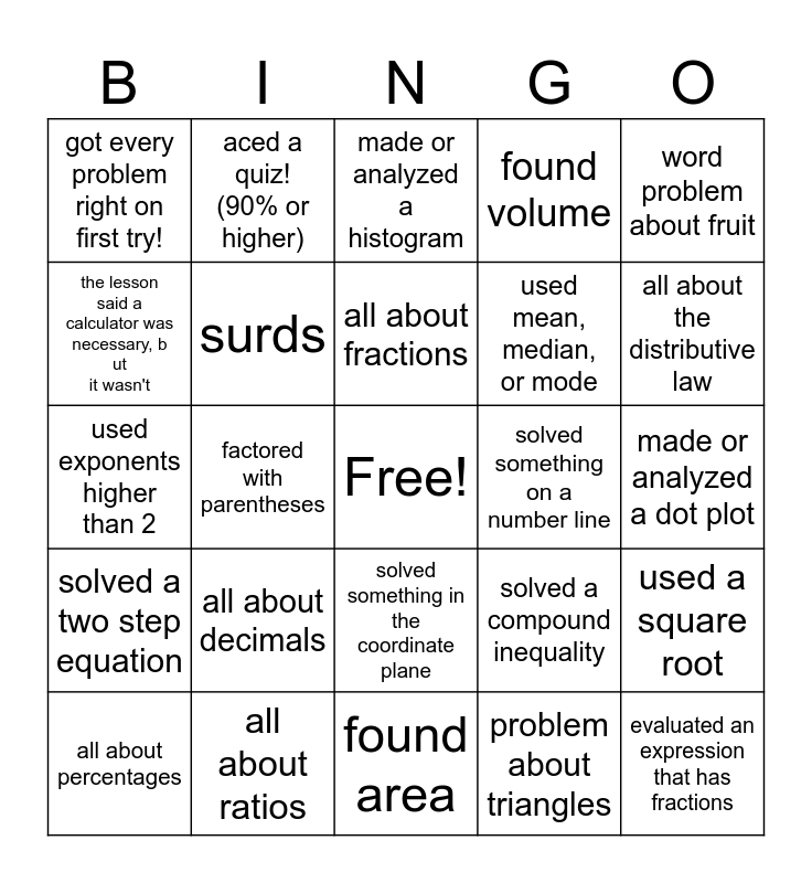Math Academy Bingo 1 Bingo Card