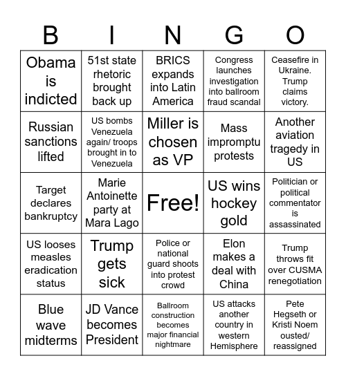 2026 Predictions Bingo Card