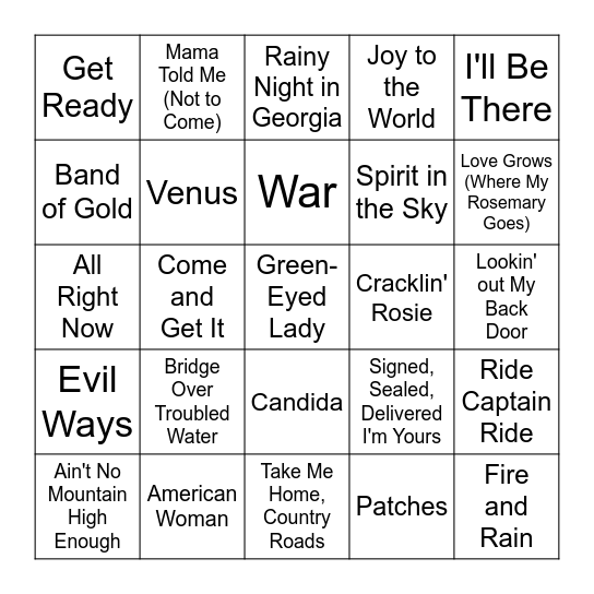 70's Top Hits Vol. 1 Bingo Card