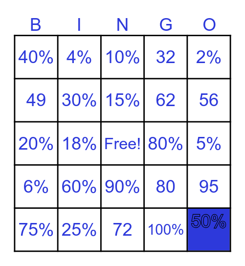 Percentages Bingo Card