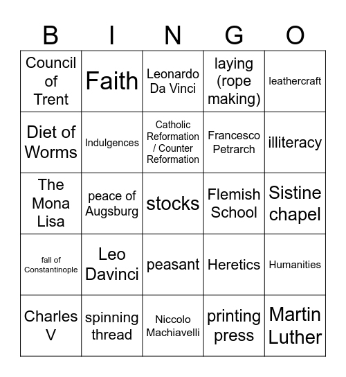 World History Renaissance & Reformation Bingo Card