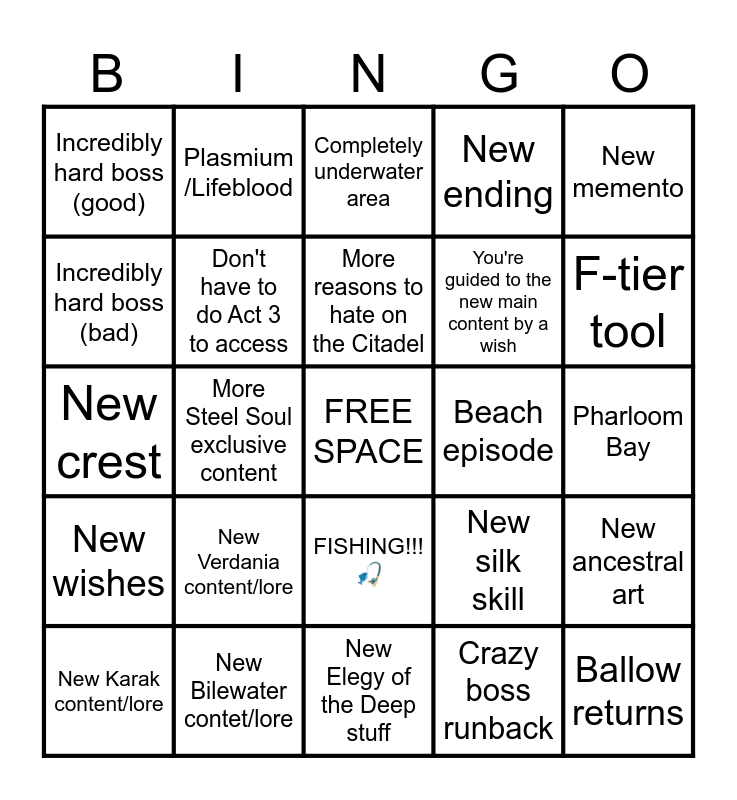 Silksong Sea of Sorrow Bingo Card