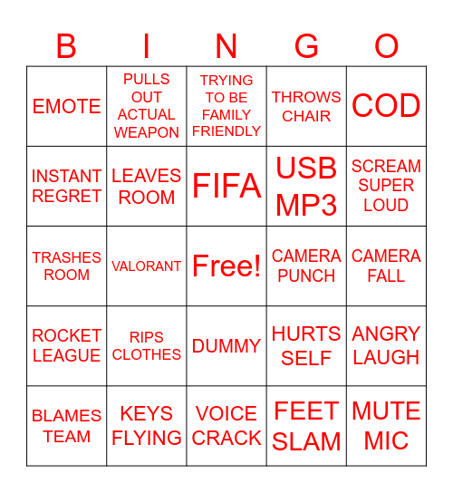 Gamer Rage Bingo Card Bingo Card