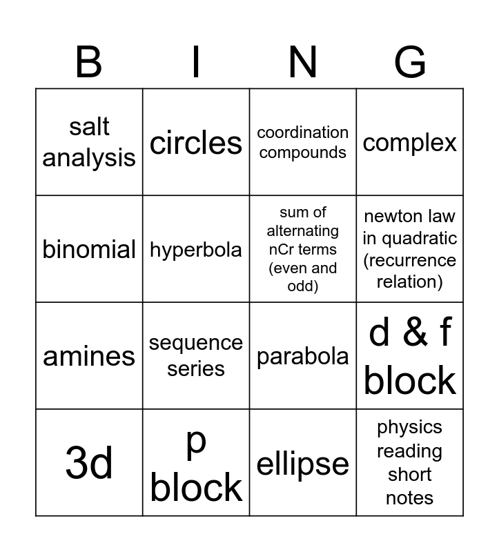 Revision Bingo Card