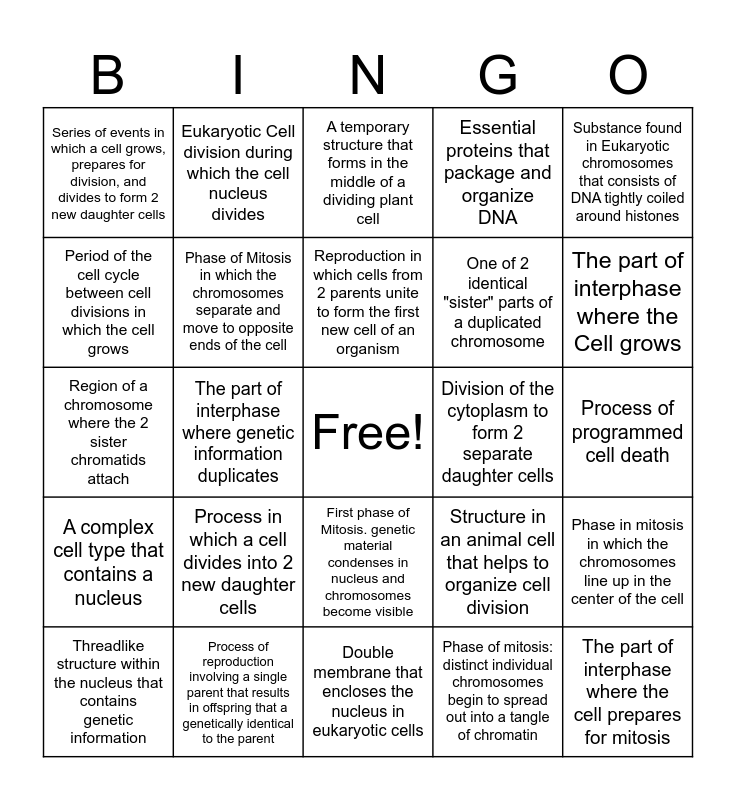 Cell Mitosis Bingo Card