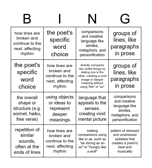 Poetry Definitions Bingo Card
