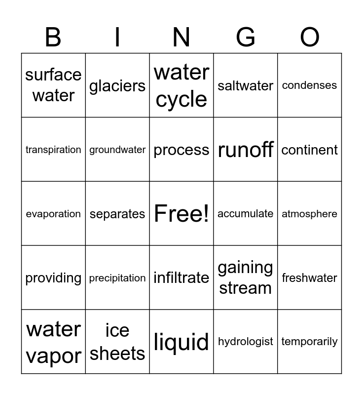 Water Cycle Bingo Card