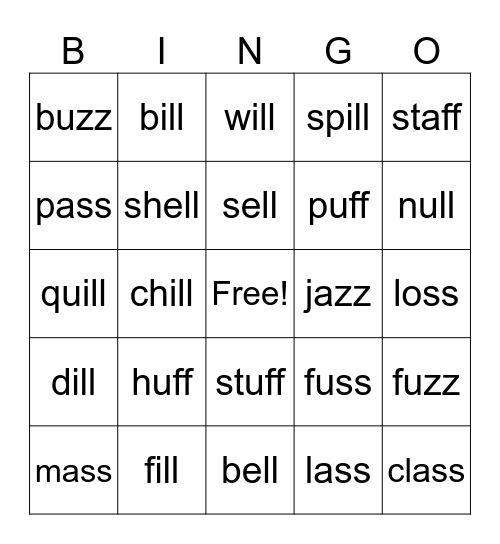 Spelling Rule (ff,ll,ss,zz) Bingo Card