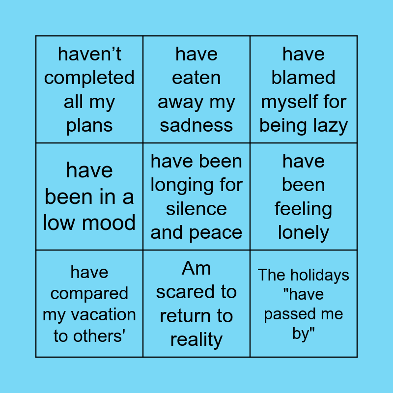Holiday Anxiety Bingo Card