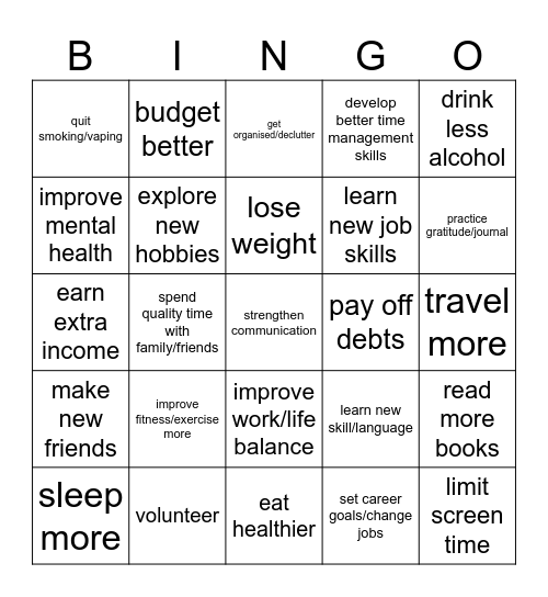 Top 25 New Year Resolution Bingo Card