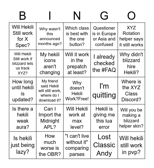 Hekili Patch Day Bingo Card