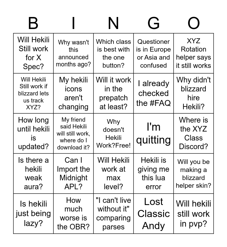 Hekili Patch Day Bingo Card