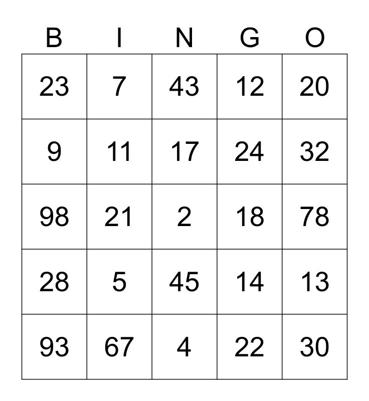 Numbers 1-99 Bingo Card