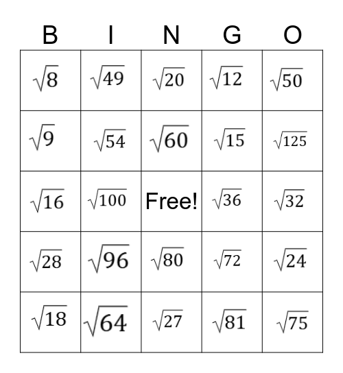 Simplifying Radicals Bingo Card