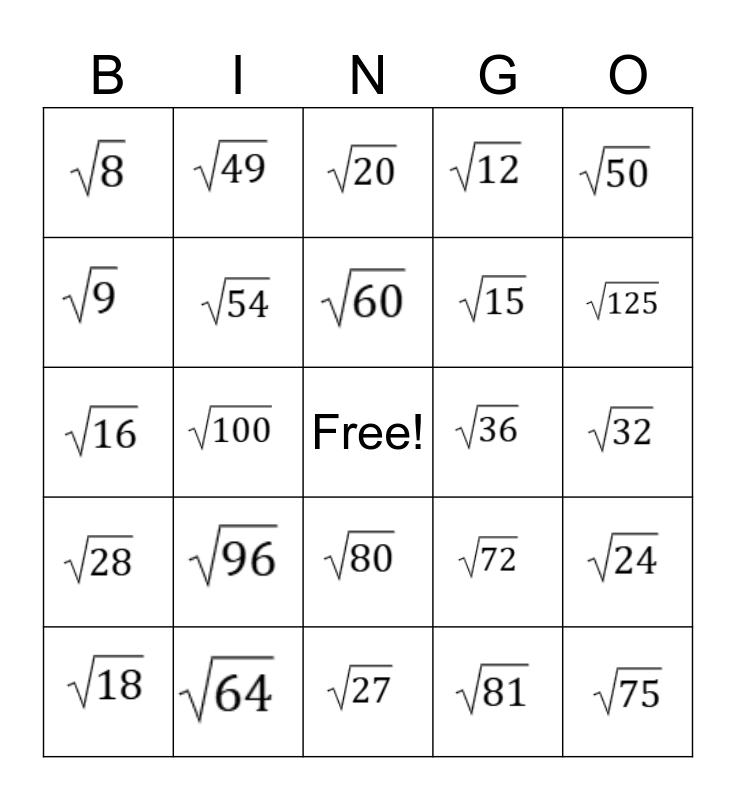 Simplifying Radicals Bingo Card