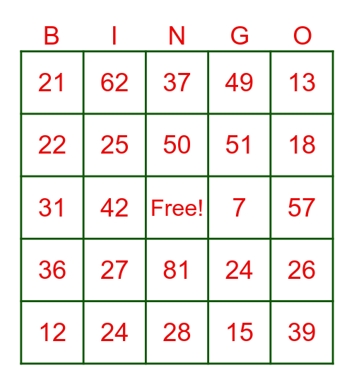 2-digit Subtraction BINGO Card