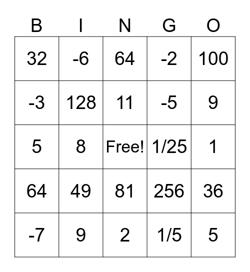 Logarithms Bingo Card