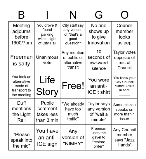 Mesa City Council Bingo Card