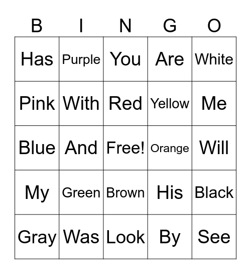 Sight Words Bingo Card