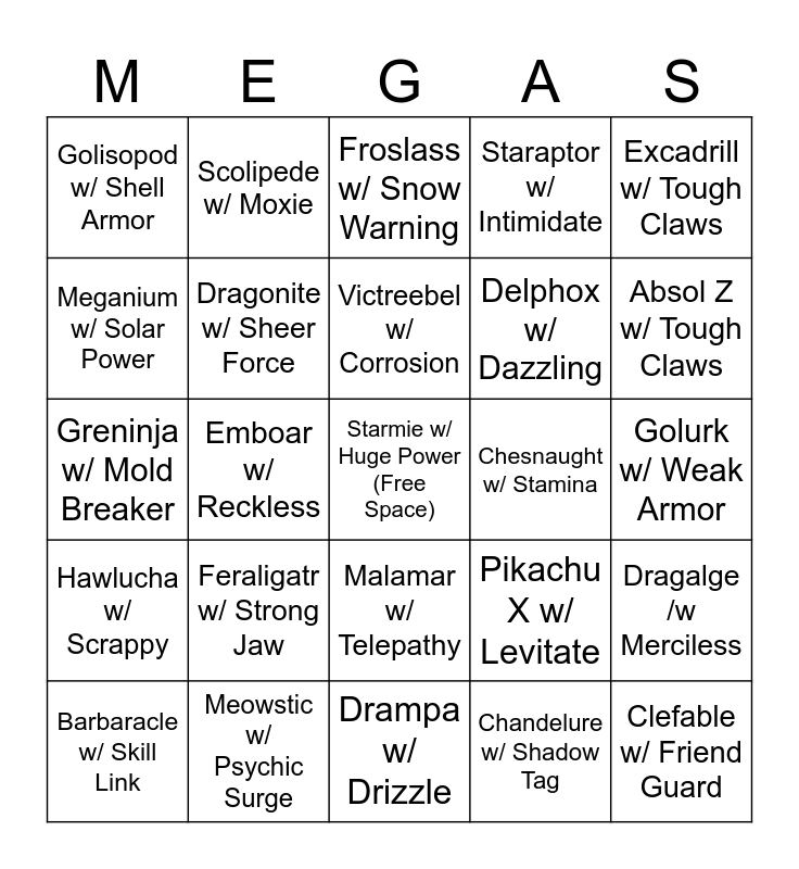 ZA Mega Abilities Bingo Card