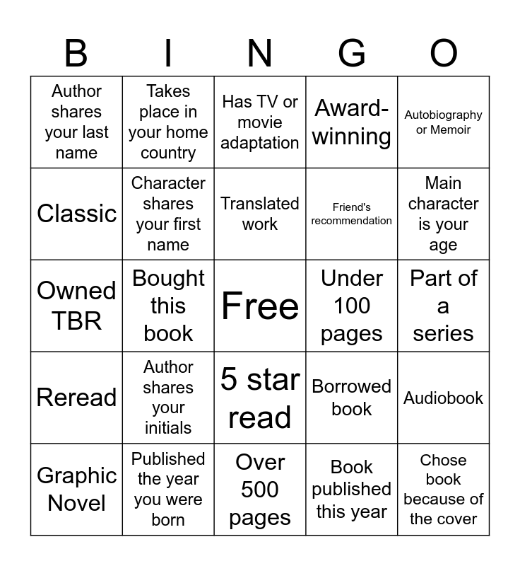 Reading Challenge Bingo 2026 Bingo Card
