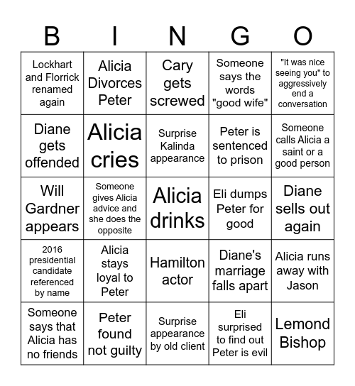 The Good Wife Final Episode Bingo Card